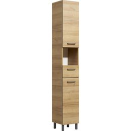 Hochschrank SAPHIR "Quickset 919 Badschrank, 30 cm breit, 2 Türen, Nische, 1 Schublade" Schränke Gr. B/H/T: 30 cm x 195,5 cm x 33 cm, 2 St., braun (riviera eiche quer nachbildung) Bad-Hochschrank Bad-Hochschränke Badezimmer-Hochschrank inkl. Türdämpfer, Griffe in Grau