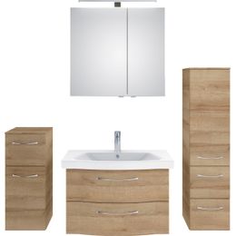 Badmöbel-Set SAPHIR "6005 Sprint 4-teilig, Keramik-Waschtisch mit LED-Spiegelschrank" Kastenmöbel-Sets Gr. B/H/T: 142 cm x 200 cm x 46 cm, 1 Keramikwaschtisch weiß-1 Waschtischunterschrank mit 2 Auszügen-1 Spiegelschrank mit 2 Drehtüren-1 LED-Aufsatzleuchte-1 Midischrank mit 1 Drehtür, 2 Auszügen-1 Unterschrank mit 1 Drehtür, 1 Auszug, braun (riviera eiche quer nachbildung) Bad-Sparsets Unterschra