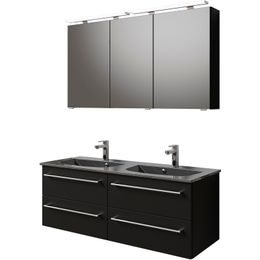 Badmöbel-Set SAPHIR "Serie 6025 2-teilig Mineralmarmor-Waschtisch mit LED-Spiegelschrank" Kastenmöbel-Sets Gr. B/H/T: 132 cm x 200 cm x 48 cm, Waschtisch grau, schwarz (schwarz matt select) Bad-Sparsets Waschplatz 132cm breit, 4 Schubladen, 2 Spiegel-Türen, inkl Türdämpfer