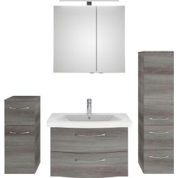 Badmöbel-Set SAPHIR "6005 Sprint 4-teilig, Keramik-Waschtisch mit LED-Spiegelschrank" Kastenmöbel-Sets Gr. B/H/T: 142 cm x 200 cm x 46 cm, 1 Keramikwaschtisch weiß-1 Waschtischunterschrank mit 2 Auszügen-1 Spiegelschrank mit 2 Drehtüren-1 LED-Aufsatzleuchte-1 Midischrank mit 1 Drehtür, 2 Auszügen-1 Unterschrank mit 1 Drehtür, 1 Auszug, grau (graphit struktur quer nachbildung) Bad-Sparsets Untersch