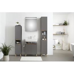 Badmöbel-Set SAPHIR "Quickset 5-teilig, Waschbeckenunterschrank mit LED-Spiegel", grau (quarzgrau matt touch, quarzgrau matt, akzent riviera eiche quer nb), Kastenmöbel-Sets, Hochschrank, Unterschrank, Hängeschrank, inkl. Türdämpfer, 6 Türen