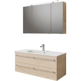 Badmöbel-Set SAPHIR "Serie 6025 2-teilig Mineralmarmor-Waschtisch mit LED-Spiegelschrank", braun (polar pinie quer nb), B:117cm H:200cm T:48cm, Spanplatte, Kastenmöbel-Sets, Waschplatz 117cm breit, 2 Schubladen, 3 Spiegel-Türen, inkl Türdämpfer