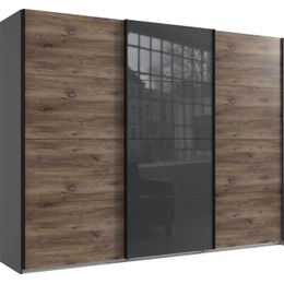 Schwebetürenschrank wimex "Norderstedt" Schränke Gr. B/H/T: 270 cm x 210 cm x 64 cm, 3 St., grau (graphit, flagstaff eiche nachbildung, glas grey) INKLUSIVE 2 Stoffboxen und zusätzliche Einlegeböden, mit Glastür