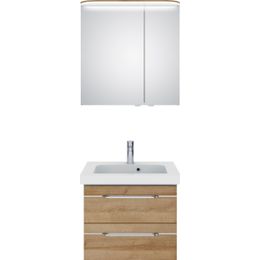 Badmöbel-Set SAPHIR "Balto Sprint 2-teilig, Mineralmarmor-Waschtisch mit LED-Spiegelschrank" Kastenmöbel-Sets Gr. B/H/T: 70 cm x 200 cm x 46 cm, 1 Mineralmarmor-Waschtisch weiß-1 Waschtischunterschrank mit 2 Auszügen-1 Spiegelschrank mit 2 Drehtüren-1 LED-Lichtkranz, braun (riviera eiche quer nachbildung) Bad-Sparsets Badezimmer Set inkl. Türdämpfer, 70 cm breit, 2 Türen, Schubladen