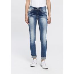 Skinny-fit-Jeans Arizona "mit Kontrastnähten und Pattentaschen" Gr. 40, N-Gr, blau (blue, used) Damen Jeans Röhrenjeans Low Waist