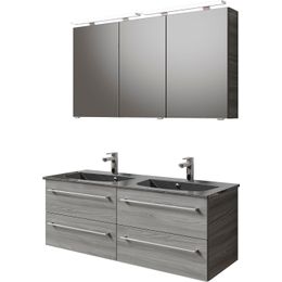 Badmöbel-Set SAPHIR "Serie 6025 2-teilig Mineralmarmor-Waschtisch mit LED-Spiegelschrank" Kastenmöbel-Sets Gr. B/H/T: 132 cm x 200 cm x 48 cm, Waschtisch grau, grau (sangallo quer) Bad-Sparsets Waschplatz 132cm breit, 4 Schubladen, 2 Spiegel-Türen, inkl Türdämpfer