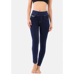 Shapingleggings Freddy "NOW SKINNY YOGA" Gr. L, N-Gr, blau (blue navy yellow seams) Damen Hosen Yogahosen mit Lifting & Shaping Effekt und Umschlagbund