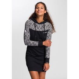Sweatkleid Kangaroos Gr. 36 (S), N-Gr, schwarz (schwarz, gemustert) Damen Kleider Freizeitkleider mit schönem Print im Ärmel- und Brustbereich