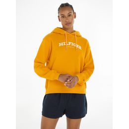 Hoodie Tommy Hilfiger "REG MONOTYPE FLOCK HOODIE" Gr. S (36), orange (rich ochre) Damen Sweatshirts -jacken mit Logoschriftzug