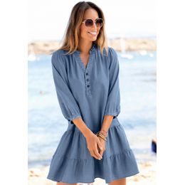 Jeanskleid Lascana Gr. 32/34, N-Gr, blau (denim, blue) Damen Kleider Strandkleider mit Rüsche am Kragen und Knopfleiste, Blusenkleid, Tunikakleid