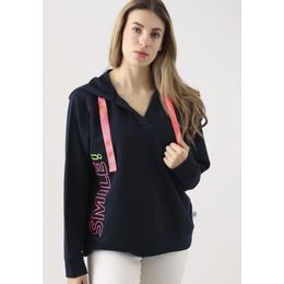 Sweatshirt Zwillingsherz "Smile" Gr. S/M, blau (navy) Damen Sweatshirts mit V-Ausschnitt, Frontprint durch das Wort Smile, neonfarben