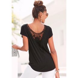 Strandshirt Lascana Gr. 32/34, schwarz Damen Shirts Jersey mit Spitzeneinsatz, T-Shirt, lockere Passform, casual-chic