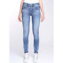 Skinny-fit-Jeans Gang "94MORA" Gr. 26 (34), N-Gr, blau (midblue wash (mid blue)) Damen Jeans mit 3-Knopf-Verschluss und Passe vorne