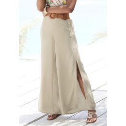 Palazzohose Lascana Gr. 44, N-Gr, beige (sand) Damen Hosen Strandhosen mit weitem Bein und Schlitz, Stoffhose, lockere Passform