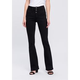 Bootcut-Jeans Arizona "mit extrabreitem Bund" Gr. 40, N-Gr, schwarz (black, overdyed) Damen Jeans Bootcut High Waist