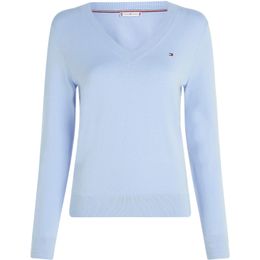 V-Ausschnitt-Pullover Tommy Hilfiger Gr. XS (34), blau (breezy blue) Damen Pullover V-Pullover mit V-Ausschnitt, gestickter Tommy Hilfger Logo-Flag