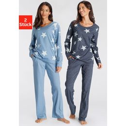 Pyjama Vivance Dreams Gr. 32/34, blau (hellblau, marine, sterne), Damen, Single Jersey, Obermaterial: 50% Baumwolle, 50% Polyester, Homewear-Sets, in melierter Optik mit Sternen