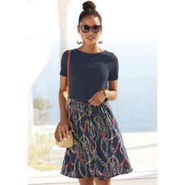 Sommerkleid Lascana Gr. 44, N-Gr, blau (marine, bedruckt) Damen Kleider Strandkleider eleganter Kettenprint, kurzes Sommerkleid mit Taschen, T-Shirtkleid