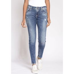 Relax-fit-Jeans Gang "94AMELIE", Damen, Gr. 27, N-Gr, blau (used mid blau), Denim/Jeans, Obermaterial: 89% Baumwolle, 9% Polyester, 2% Elasthan, unifarben, leichte Abriebeffekte, Destroyed-Effekte, casual, relaxed fit lang, Jeans, mit doppelter Passe und tief sitzenden Taschen hinten