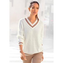 V-Ausschnitt-Pullover Lascana Gr. 40/42, beige (creme) Damen Pullover mit Streifen-Details, weicher Strickpullover, casual-chic