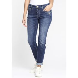 Relax-fit-Jeans Gang "94GERDA" Gr. 30, N-Gr, blau (eco mid base (mid blau)), Damen, Denim/Jeans, Obermaterial: 71% Baumwolle, 16% Polyester, 11% Lyocell, 2% Elasthan, unifarben, leichte Abriebeffekte, Jeans, mit halb offener Knopfleiste