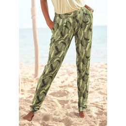 s.Oliver Jerseyhose mit Blätterdruck, schmale Strandhose mit Taschen, Sommerhose, grün