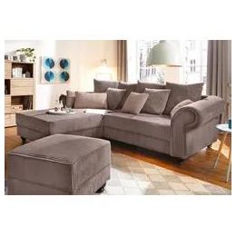 Ecksofa Home Affaire "King George King Henry, L-Form" Sofas Gr. B/H/T: 260cm x 90cm x 190cm, Samtstoff, Recamiere links, braun (kakao) mit Federkern, in legerer Polsterung und vielen Kissen