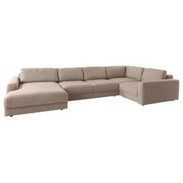 Wohnlandschaft Places of Style "Bloomfield, U-Form" Sofas Gr. B/H/T: 405cm x 84cm x 224cm, Struktur grob, mega-Recamiere links, XXL ohne Sitztiefenverstellung, beige (portabella) mit extra tiefer Sitzfläche, wahlweise Sitztiefenverstellung