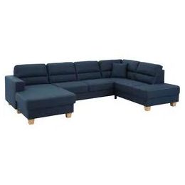 Wohnlandschaft Home Affaire "Navan, U-Form" Sofas Gr. B/H: 313cm x 85cm, Struktur, Recamiere links, mit Bettfunktion-ohne Kopfstützen, blau Wohnlandschaft Sofas wahlweise mit Bettfunktion und Kopfstütze