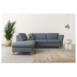 Ecksofa Home Affaire "Trelleborg L-Form" Sofas Gr. B/H/T: 252cm x 86cm x 213cm, Chenille-Optik, Ottomane links, ohne Bettfunktion-ohne Stauraum, blau (blaugrau) Federkern-Polsterung, wahlweise mit Bettfunktion und Stauraum