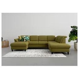 Sit & More Wohnlandschaft SIT&MORE "Maggiore U-Form" Sofas Gr. B/T: 312 cm x 224 cm, Soft clean, Ottomane rechts, mit Kopfteilverstellung-ohne Bettfunktion-ohne Stauraum-Fussfarbe: schwarz matt, grün (olive) wahlweise mit Kopfteilverstellung, Bettfunktion und Stauraum