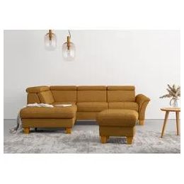 Ecksofa Home Affaire "Lindgren L-Form" Sofas Gr. B/H/T: 249 cm x 84 cm x 217 cm, Struktur, Ottomane links, ohne TV-Funktion motorisch-ohne Bettfunktion mit einklappbaren Rollen-ohne Stauraum-ohne Kopfteilverstellung-mit Federkern, gelb (mustard) wahlweise mit TV-Funktion, Stauraum und Kopfteilverstellung