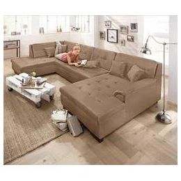 Wohnlandschaft Home Affaire "Bergen U-Form" Sofas Gr. B/H/T: 364cm x 83cm x 106cm, Microfaser PRIMABELLE, Ottomane links, mit Bettfunktion, braun (café) wahlweise mit Bettfunktion