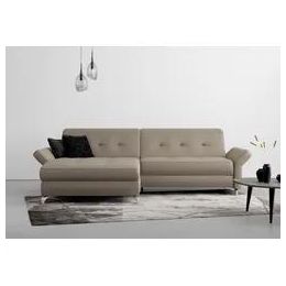 Ecksofa Inosign "Maredo L-Form" Sofas Gr. B/H/T: 284cm x 89cm x 179cm, Luxus-Microfaser weich, mega-Recamiere links, mit Kopfteilverstellung, mit Armteilfunktion, mit Vorziehsitz motorisch und mit Bettkasten, grau (grau-beige) Federkern, wahlweise auch mit Kopfteil- und Armlehnverstellung