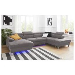 Wohnlandschaft COTTA "Komaris U-Form" Sofas Gr. B: 320 cm, Microfaser PRIMABELLE, Ottomane rechts, mit Bettfunktion-mit Bettkasten-ohne RGB-LED-Beleuchtung-mit Kopfteilverstellung, grau (darkgrey) inklusive Kopfteilverstellung, wahlweise mit Bettfunktion und RGB-LED