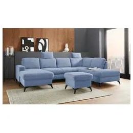 Wohnlandschaft Places of Style "Lolland U-Form" Sofas Gr. B/H/T: 303 cm x 88 cm x 212 cm, Struktur imprägniert, Ottomane rechts, mit Bettfunktion und Stauraum, blau (blaugrau) Wahlweise mit Bettfunktion und Stauraum, auch abwischbarem Bezug