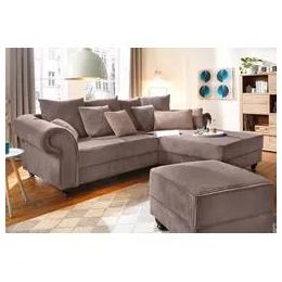 Ecksofa Home Affaire "King George King Henry, L-Form" Sofas Gr. B/H/T: 260cm x 90cm x 190cm, Samtstoff, Recamiere rechts, braun (kakao) mit Federkern, in legerer Polsterung und vielen Kissen