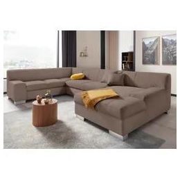 Wohnlandschaft DOMO collection "Bero U-Form" Sofas Gr. B/H/T: 328cm x 74cm x 212cm, Feinstruktur, Recamiere rechts, ohne Bettfunktion, beige wahlweise mit Bettfunktion