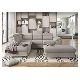 Sit & More Ecksofa SIT&MORE "Cabrio L-Form" Sofas Gr. B/H/T: 274 cm x 87 cm x 230 cm, Luxus-Microfaser, langer Schenkel rechts, mit Bettfunktion-mit Bettkasten-mit Sitztiefenverstellung-mit Kopfteilverstellung-mit Armteilfunktion-mit 3 Nierenkissen, grau (elephant) mit Sitztiefenverstellung und Federkern, 3 Nierenkissen