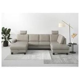 Wohnlandschaft Home Affaire "Summer U-Form" Sofas Gr. B/H/T: 314 cm x 91 cm x 170 cm, Feincord, Recamiere links, mit Bettfunktion-mit Bettkasten-ohne Federkern, grau (steel) mit oder ohne Bettfunktion und Bettkasten, wengefarbene Holzfüße