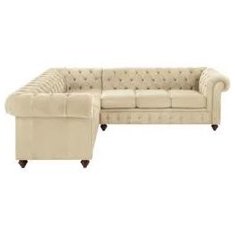 Chesterfield-Sofa Home Affaire "Duc Ecksofa L-Form" Sofas Gr. B/H/T: 255 cm x 74 cm x 214 cm, Samtoptik, langer Schenkel rechts, beige hochwertige Knopfheftung im Rücken, Samtoptik mit changierender Optik