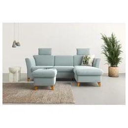 Ecksofa Home Affaire "Trelleborg L-Form" Sofas Gr. B/H/T: 249cm x 86cm x 162cm, Struktur fein, Recamiere rechts, mit Bettfunktion-mit Bettkasten, blau (aqua) Federkern-Polsterung, wahlweise mit Bettfunktion und Bettkasten