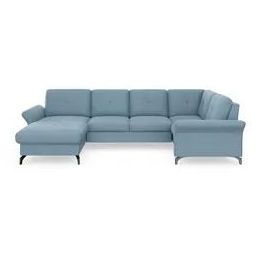 Wohnlandschaft Places of Style "Calando U-Form" Sofas Gr. B/H/T: 326 cm x 91 cm x 188 cm, Soft clean, mega-Recamiere links, ohne Bettfunktion-ohne Bettkasten-ohne Armteilverstellung, blau (hellblau) wahlweise mit Bettfunktion, Bettkasten und Armteilfunktion