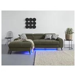 Ecksofa COTTA "Mia L-Form" Sofas Gr. B/H/T: 236cm x 74cm x 164cm, Flachgewebe, Recamiere links, Mit Bettfunktion-mit Bettkasten-mit RGB-LED-Beleuchtung-mit Wireless Charger, grün (turtle) 3-tlg.-Kissen-Set, Recamiere, wahlweise mit oder ohne RGB-Beleuchtung