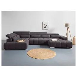 Wohnlandschaft COTTA "Orion U-Form" Sofas Gr. B/H/T: 409 cm x 73 cm x 225 cm, Microfaser, Ottomane links-Recamiere rechts, braun (mud) inkl. Kopfteilverstellung und Zierkissen