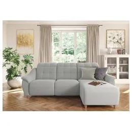 Ecksofa Home Affaire "Boston L-Form" Sofas Gr. B/T: 254cm x 170cm, Chenille, Recamiere rechts, mit Kopfteilverstellung-mit 1 motorischer Relaxfunktion im 2sitzigen Sofaelement, grau (hellgrau) Kopfteilverstellung an jeder Sitzfläche, wahlweise Relaxfunktion