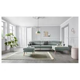 Ecksofa Andas "Bille L-Form" Sofas Gr. B/H/T: 302cm x 86cm x 178cm, Struktur fein, Recamiere rechts, grün (mint) mit Naht im Rückenkissen und Beinen aus Eichenholz