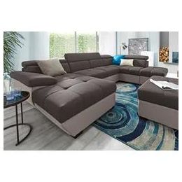 Wohnlandschaft COTTA "Speedway U-Form" Sofas Gr. B/H/T: 332cm x 79cm x 102cm, Flachgewebe-Struktur, Recamiere links, ohne Bettfunktion-ohne Bettkasten-mit Kopfteilverstellung, beige (beige, braungrau) wahlweise mit Bettfunktion und Bettkasten