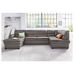 Sit & More Wohnlandschaft SIT & MORE "Pisa U-Form" Sofas Gr. B/H/T: 319cm x 89cm x 168cm, NaturLEDER, Ottomane rechts, mit Bettfunktion, grau (elefant) mit Federkern, wahlweise Bettfunktion