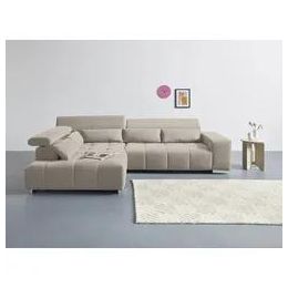 Ecksofa COTTA "Orion L-Form" Sofas Gr. B/H/T: 310cm x 70cm x 225cm, Luxus-Microfaser, Ottomane links, beige mit Ottomane, inklusive verstellbarer Kopfstützen und 5 Nierenkissen